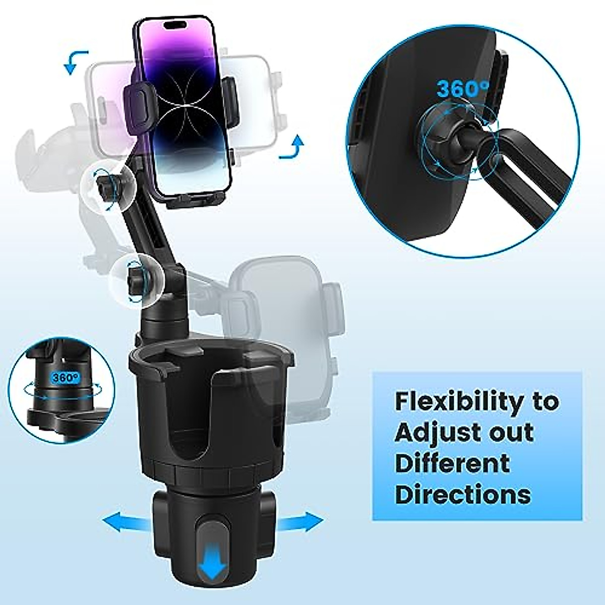 Cup Holder Phone Mount for Car with Expandable Base, 2-1 Phone Holder Car Cupholder Exptender Adapter for 10-40oz Drink Bottles, Mugs and Phone Holder for Car Fits All Smartphone