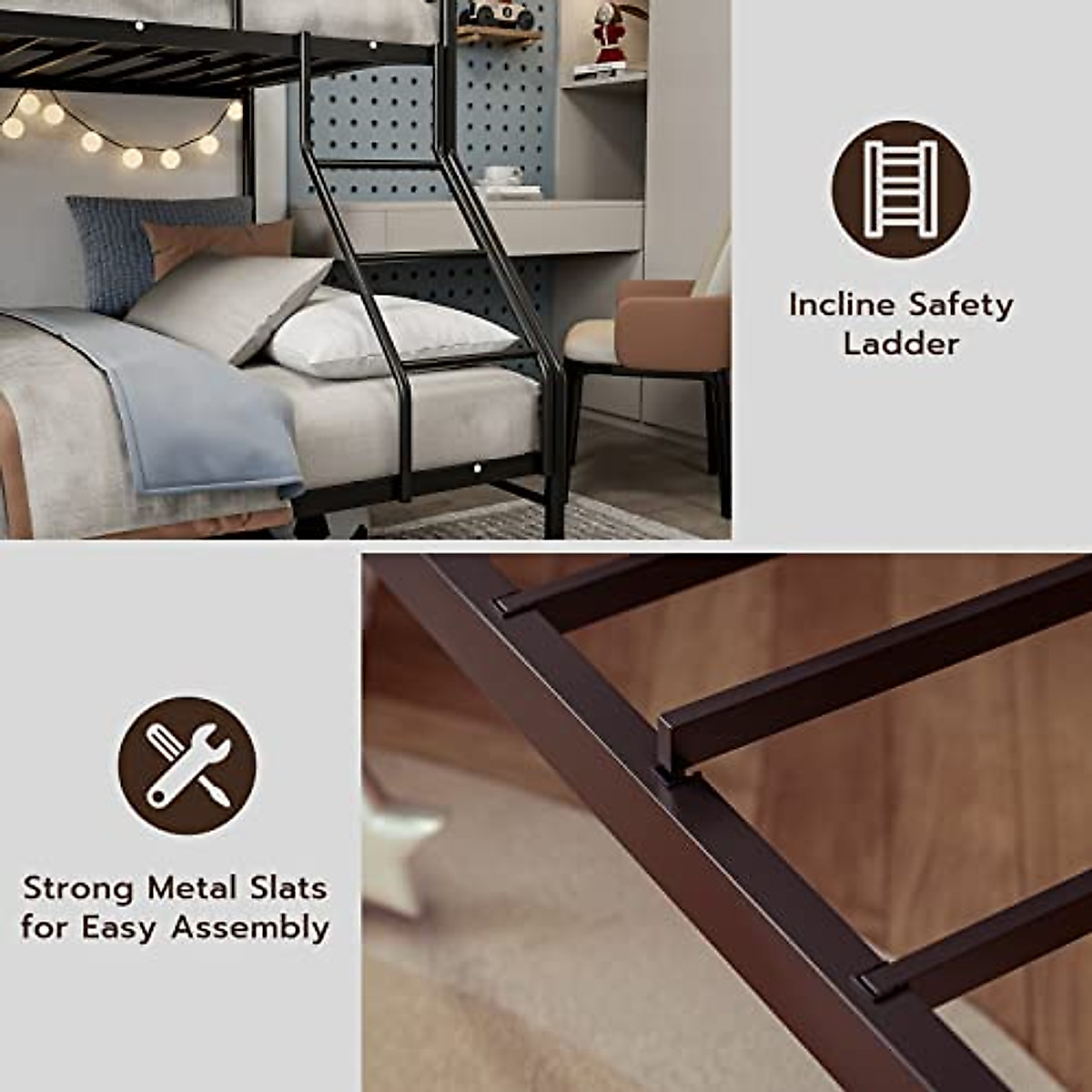 IKIFLY Metal Twin Over Full Bunk Bed, Heavy Duty Bunk Bed Frame with Safety Guard Rail & Ladder, Space-Saving Design/Noise Free/for Kids, Teens & Adults/No Box Spring Needed - Black