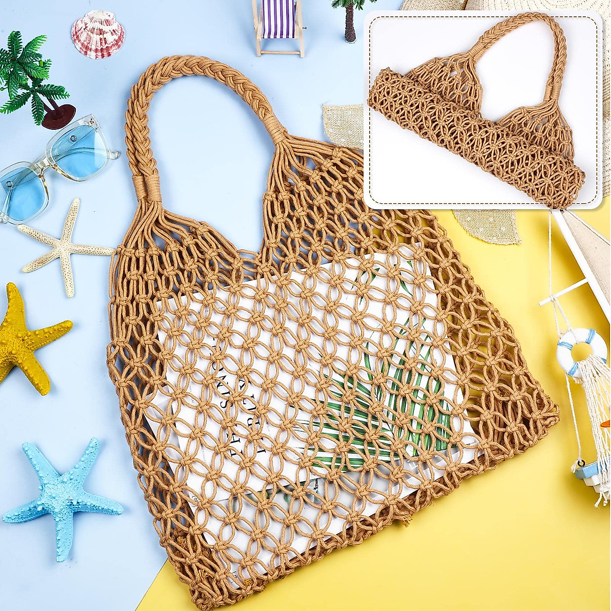 Travel Beach Fishing Net Handbag Woven Shoulder Bag Cotton Rope Macrame Bag Mesh Beach Bag Crochet Knit Purse for Women(Camel)