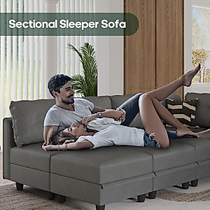 LLappuil Storage Ottoman Module Square Footrest for Modular Sectional Sofa Seat Cube, Faux Leather Fabic Foot Stool (Dark Grey)