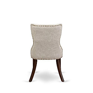 East West Furniture ESSI3-MAH-35 3 Piece Modern Dining Table Set Contains a Round Wooden Table with Pedestal and 2 Doeskin Linen Fabric Upholstered Chairs, 30x30 Inch, Mahogany