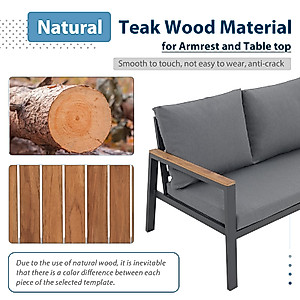 JOIVI Outdoor Couch, 3-seat Aluminum Outdoor Sofa with Teak Arms, Patio Couch with Teak Wood Armrest, High-Density Sponge, 3-Seater Aluminum Frame Couch for Outside Poolside, Lawn, Backyard, Gray