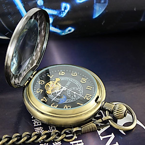 OGLE Waterproof Luminous Magnifier Tourbillon Moon Sun Chain Fob Self Wind Automatic Mechanical Pocket Watch (Bronze Black)