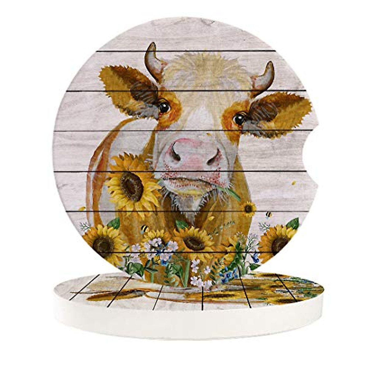 Car Cup Holder Coasters Set of 2, Wooden Plank Rural Animal Cow Biting Blooming Sunflowers, Absorbent Ceramic Stone Drink Coaster with A Finger Notch for Easy Removal of Auto Cupholder