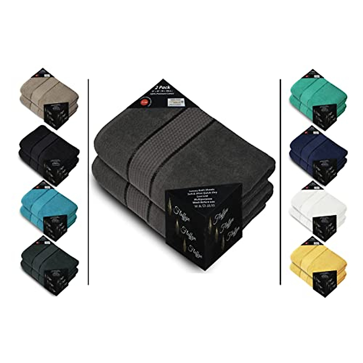 Fluffyn 100% Cotton Fancy Bath Sheets - Towels for Bathroom - Eco-Friendly, Super Soft, Highly Absorbent Bath Towels - Oeko-Tex Certified - 34" x 66" Inches (Grey, Bath Sheets Set of 2)