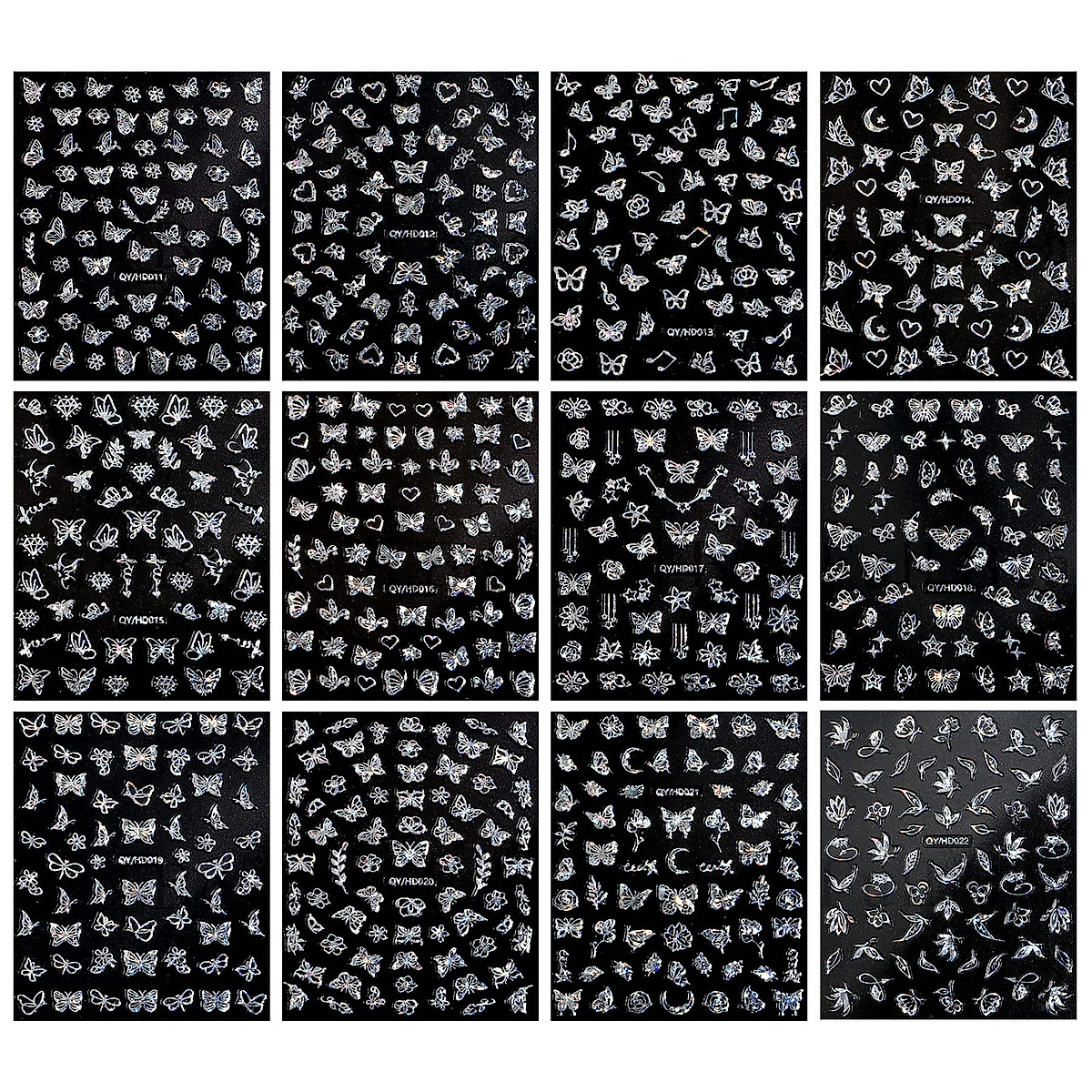 JMEOWIO 12 Sheets Aurora Holographic Butterfly Nail Art Stickers Decals Self-Adhesive Pegatinas Uñas Glitter Flower Nail Supplies Nail Art Design Decoration Accessories