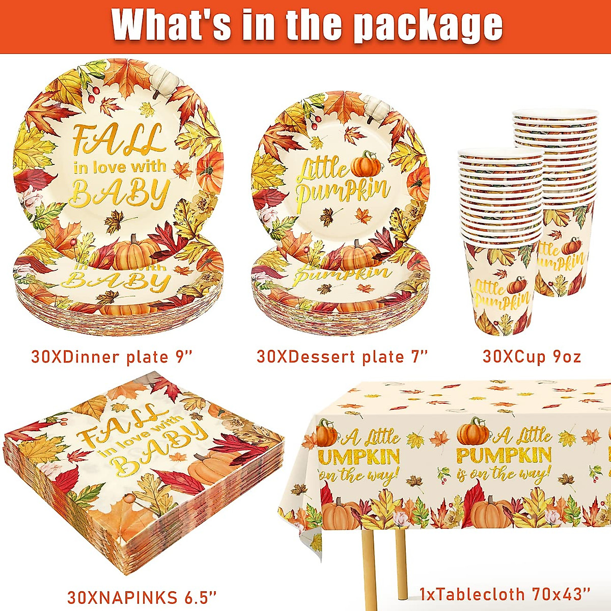 Little Pumpkin Baby Shower Decorations Set Serves 30, Little Pumpkin Baby Shower Plates and Napkins for Fall Theme Baby Shower Birthday Party Supplies