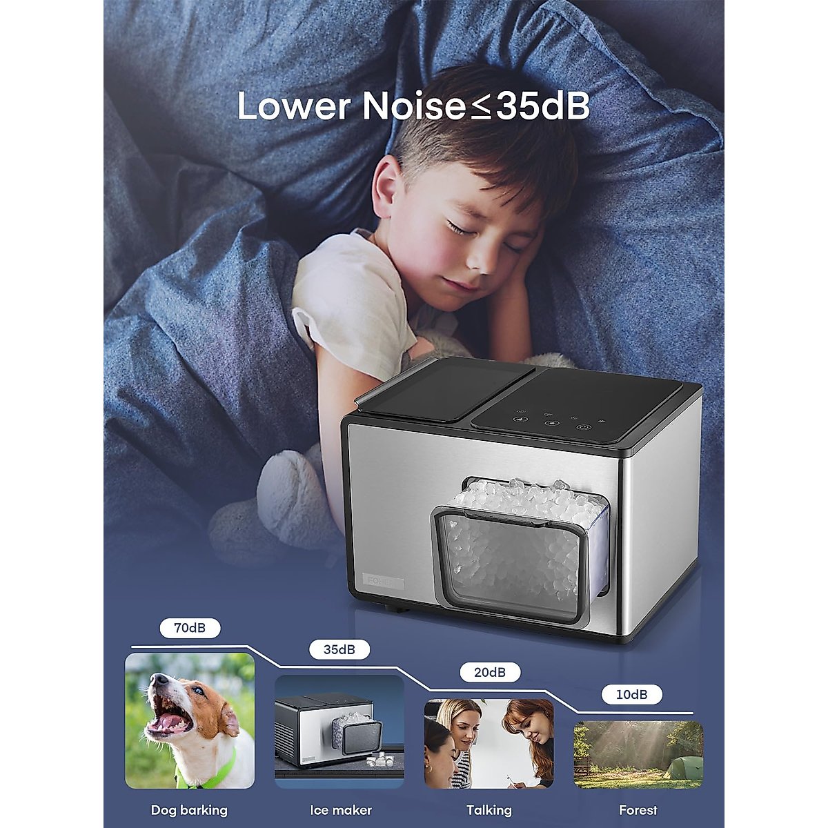 Nugget Ice Maker Countertop, 45lbs/24H, Pebble Ice Maker with Soft Chewable Ice, Self Cleaning Sonic Ice Machine, Stainless Steel, Touch Screen, Compact Design for Home Office Party - Silver