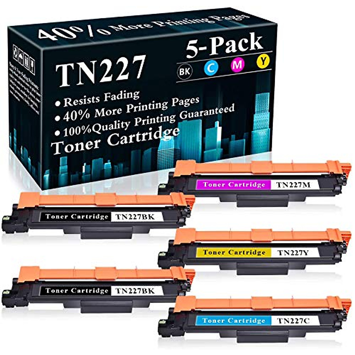 5-Pack (2BK+C+M+Y) Cartridge TN227BK,TN227C,TN227M,TN227Y Toner Cartridge Replacement for Brother MFC-L3770CDW L3710CW L3750CDW L3730CDW HL-3210CW 3230CDW 3270CDW 3290CDW DCP-L3510CDW L3550CDW Printer