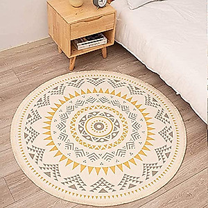 Poowe Round Cotton Rug Woven Tassel Throw Rug Washable Area Rug for Living Room Bedroom Kitchen Bathroom (Yellow)