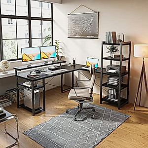 ODK L Shaped Desk with Monitor Stand, 61 Inch Home Office Desks with Storage Printer Shelves, Reversible Corner Gaming Desk with Bookshelf for Bedroom, Black