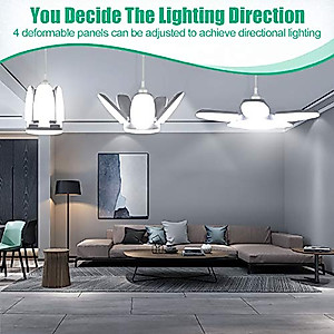 LED Garage Lights 5 Leaf 80W Deformable Garage Light 8000Lm Illuminator 360 Garage Light Bulb, 6500K Day Light Garage Ceiling Light CRI 80+ Work Light with Light Socket Extender for Garage