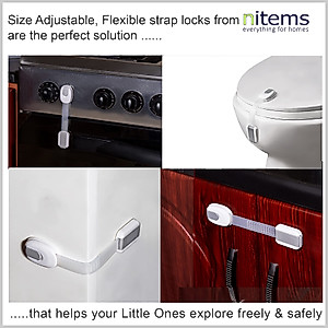 Easy to Install Nitems Cabinet Locks for Babies with Adhesive for Kitchen Cupboard Doors, Fridge, Toilet Seat, Improved Child Safety, No Trapped Fingers- 6Pack-4 Extra 3M (22cm Strap Length, 6.00)