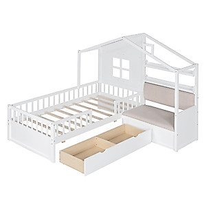 Twin Size House Bed Frame for Boys Girls Kids Adults Toddler with Sofa, Kids Platform Bed with Two Drawers and Storage Shelf, White