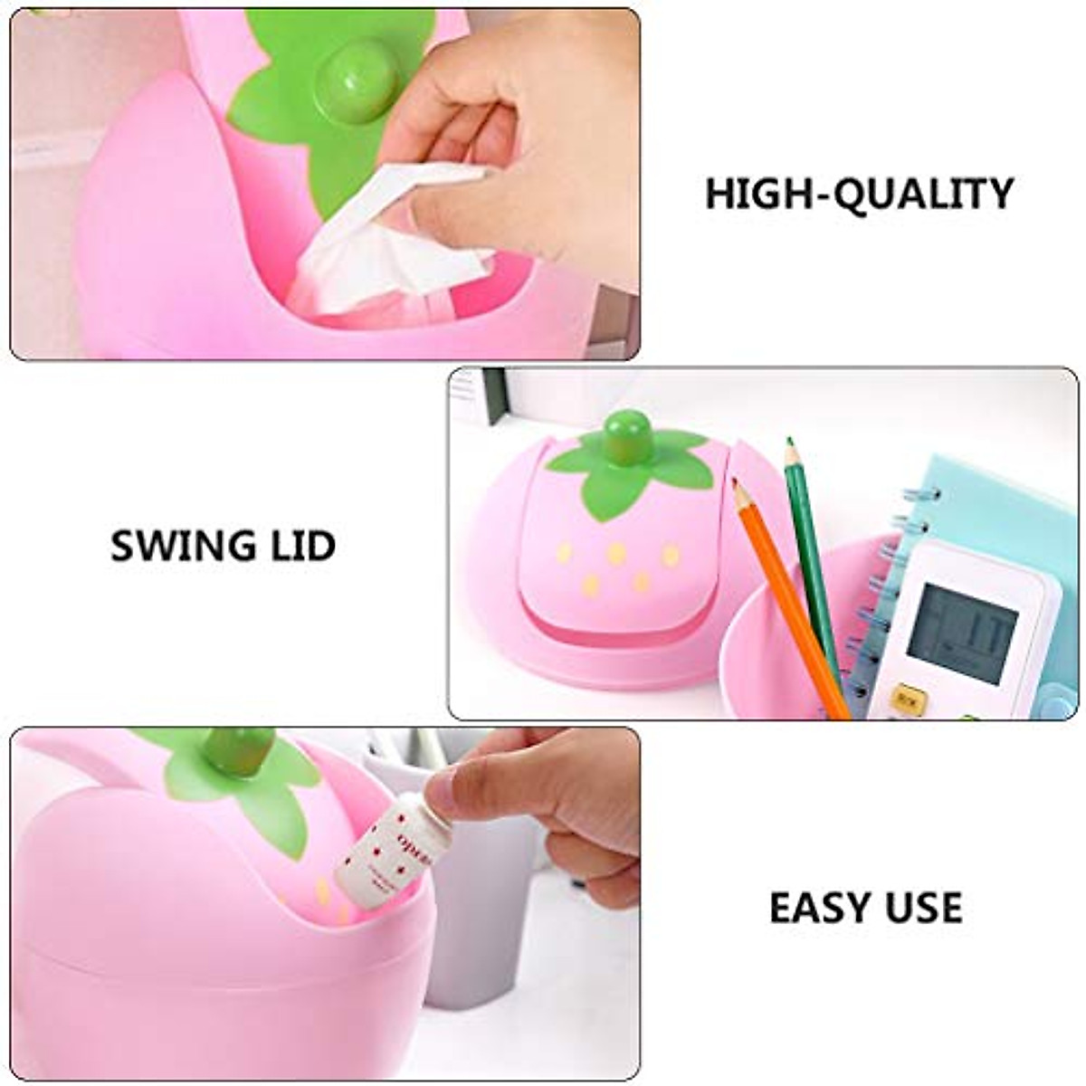 Zerodeko Mini Trash Can, Strawberry Waste Bin with Swing Lid, Small Plastic Wastebasket Decorative Tabletop Garbage Can for Bedroom, Office, Kitchen, Bathroom, Countertop, Car (Pink)