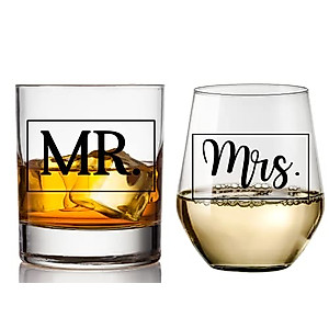 COOL AF Mr and Mrs Whiskey and Wine Glass Gift Set - Wedding Gift Glass Set For Bride and Groom - Engagement Gift for Couples and Newlyweds - Husband and Wife