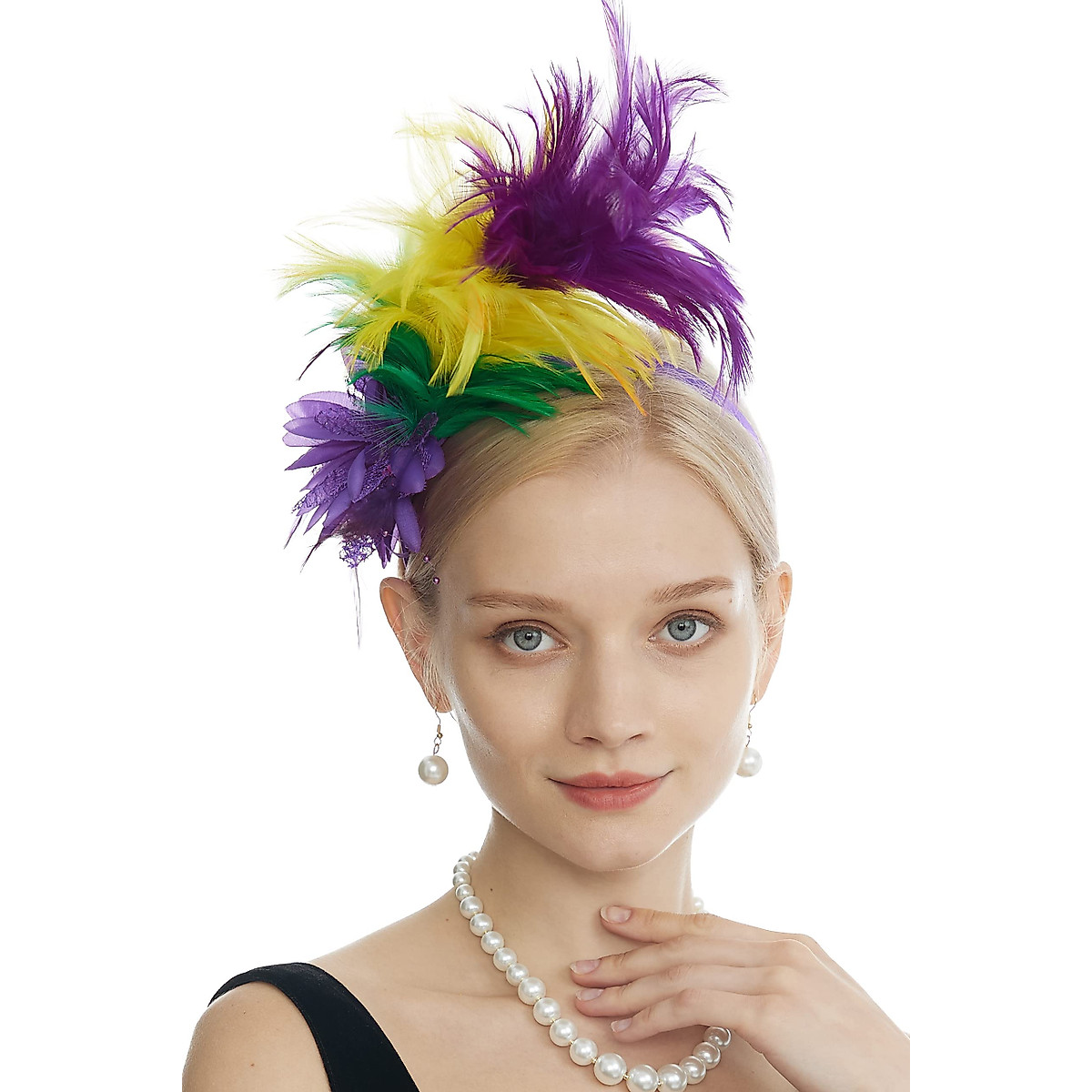 LyMet Women's 1920s Feather Fascinator Headband, Tea Party Flower Headpiece Derby Hat for Cocktail Gatsby Wedding (Purple Yellow Green)