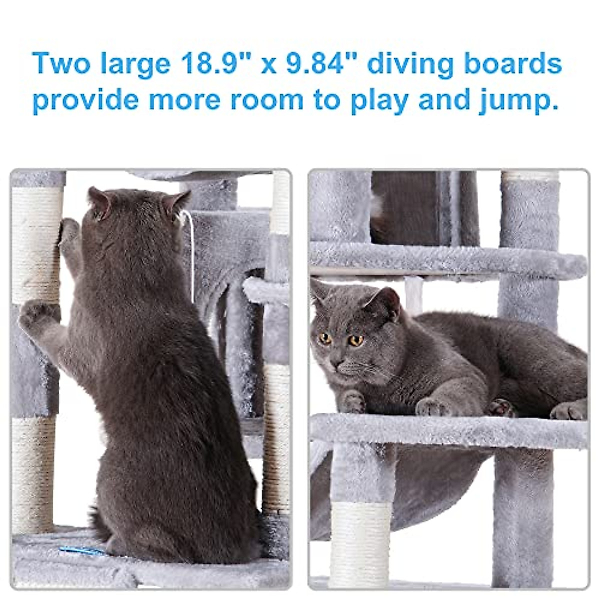 Hey-brother Cat Tree, 71 inches XL Large Cat Tower for Indoor Cats, Multi-Level Cat House with 3 Padded Perches, Big Scratcher, Cozy Basket, 2 Cat Condos and Scratching Posts, Light Gray MPJ034W