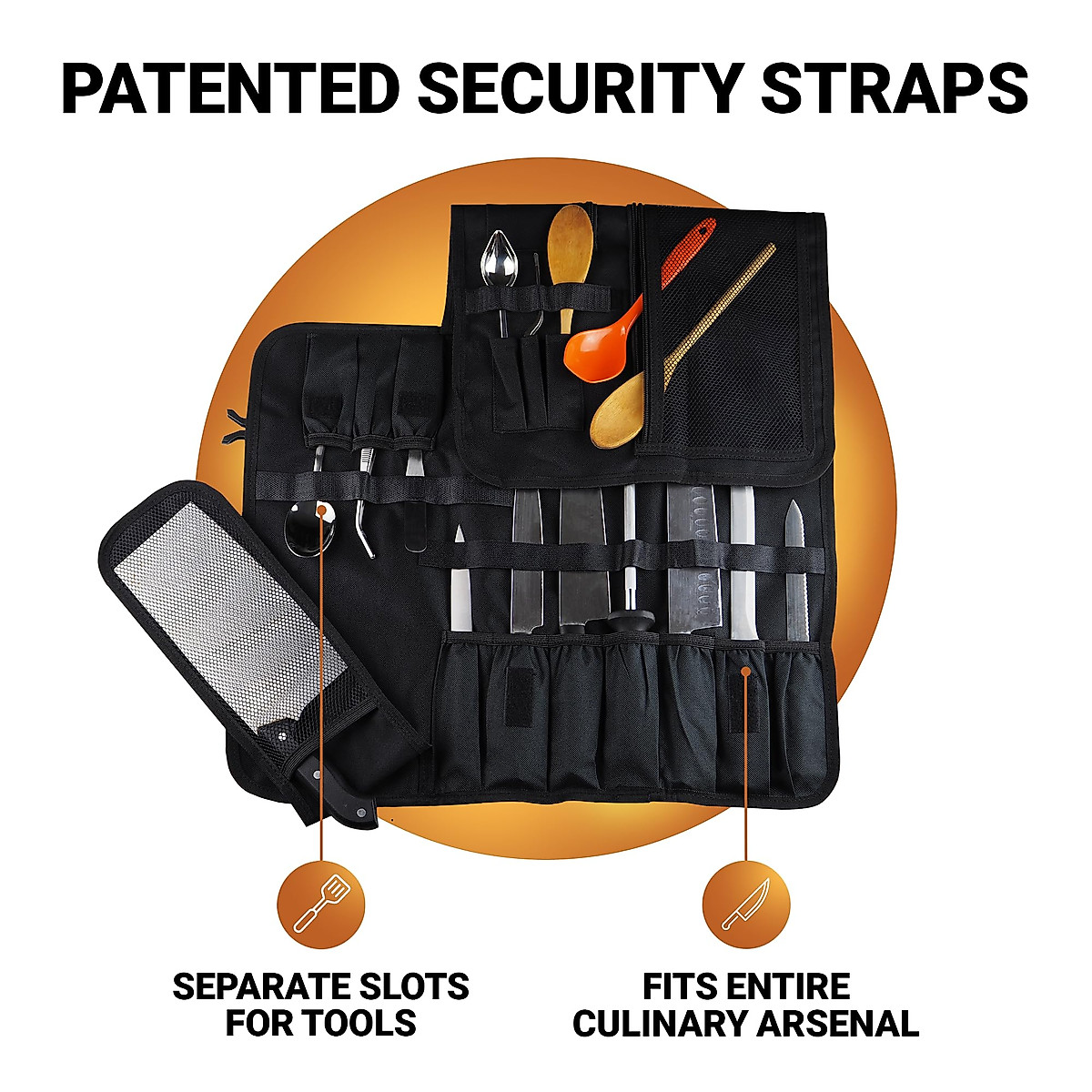 Chef Knife Roll Bag | 8+ Slots for Knives & Kitchen Tools | Water Resistant Knife Bag | Knife Carrying Case Only, Tools Not Included | Chef Knife Bag for Professional Chefs & Culinary Students (Black)