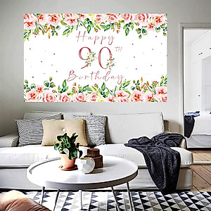 Crenics 90th Birthday Decorations for Women, Rose Gold Floral Happy 90th Birthday Banner Backdrop for Female 90 Birthday Party Supplies, 5.9 x 3.6 Ft