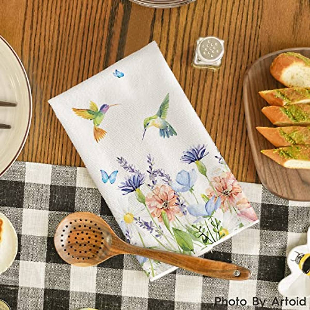 Artoid Mode Anemone Flower Hummingbird Kitchen Towels Dish Towels, 18x26 Inch Seasonal Spring Summer Wild Floral Holiday Decoration Hand Towels Set of 2