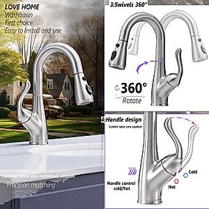 SOOSWEET Single Hole Bathroom Faucet with 3 Function Pull-out Sprayer, Brushed Nickel