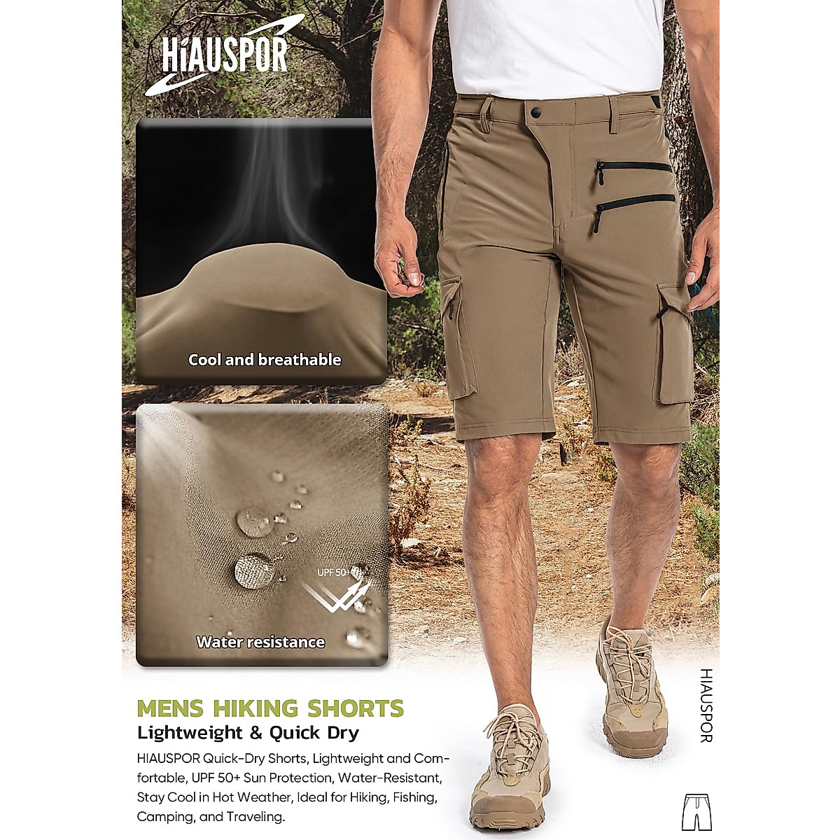 Hiauspor Men's Hiking Cargo Shorts Quick Dry Lightweight Casual Fishing Tactical Golf for Outdoor with 5 Pockets(Khaki, Medium)