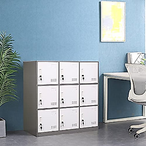 iCHENGGD Metal Locker Cabinet 9 Door Office Storage Locker Home School Metal Storage Cabinet with Lock and Ventilation for Employees Kids Bedroom Classroom Gym (Grey)