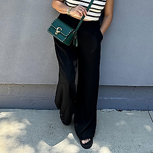 Hixiaohe Women's Casual Linen Pants Summer Elastic High Waisted Trouser Loose Wide Leg Pants(Black,XL)