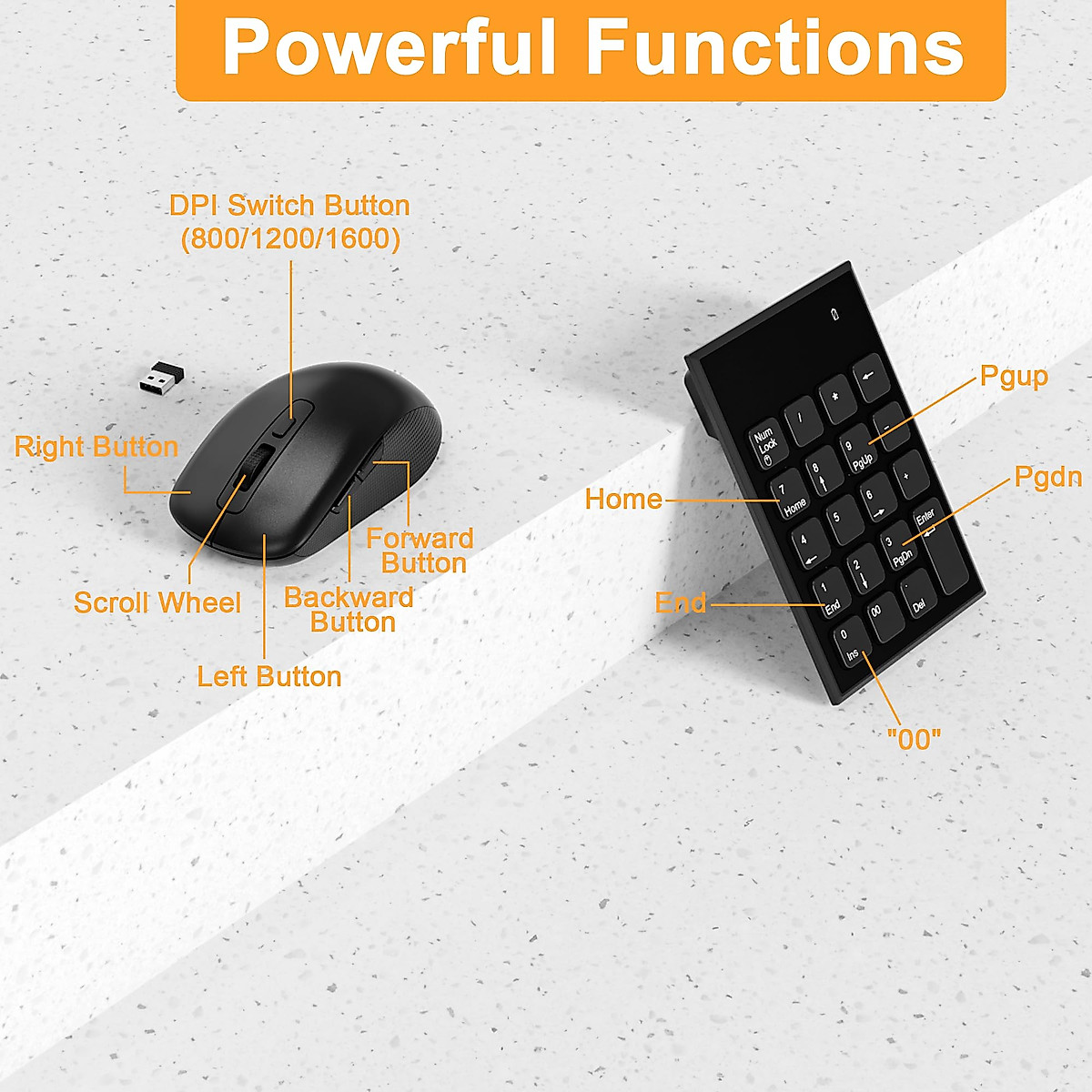 Wireless Number Pad and Mouse, Ultra Slim 2.4 GHz 19 Keys Numeric Keypad with 3 Adjustable DPI, Portable Silent Financial Accounting Number Keyboard Extensions for Laptop, PC, Desktop, Notebook