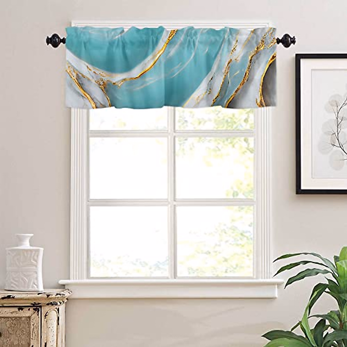 Marble Auqa Curtain Valance for Windows/Kitchen/Living Room/Bedroom, Modern Abstract Gold White Art Rod Pocket Window Valance Curtain Panel Drape Treatment, Short Topper Small Tier Cafe Curtains 54x18