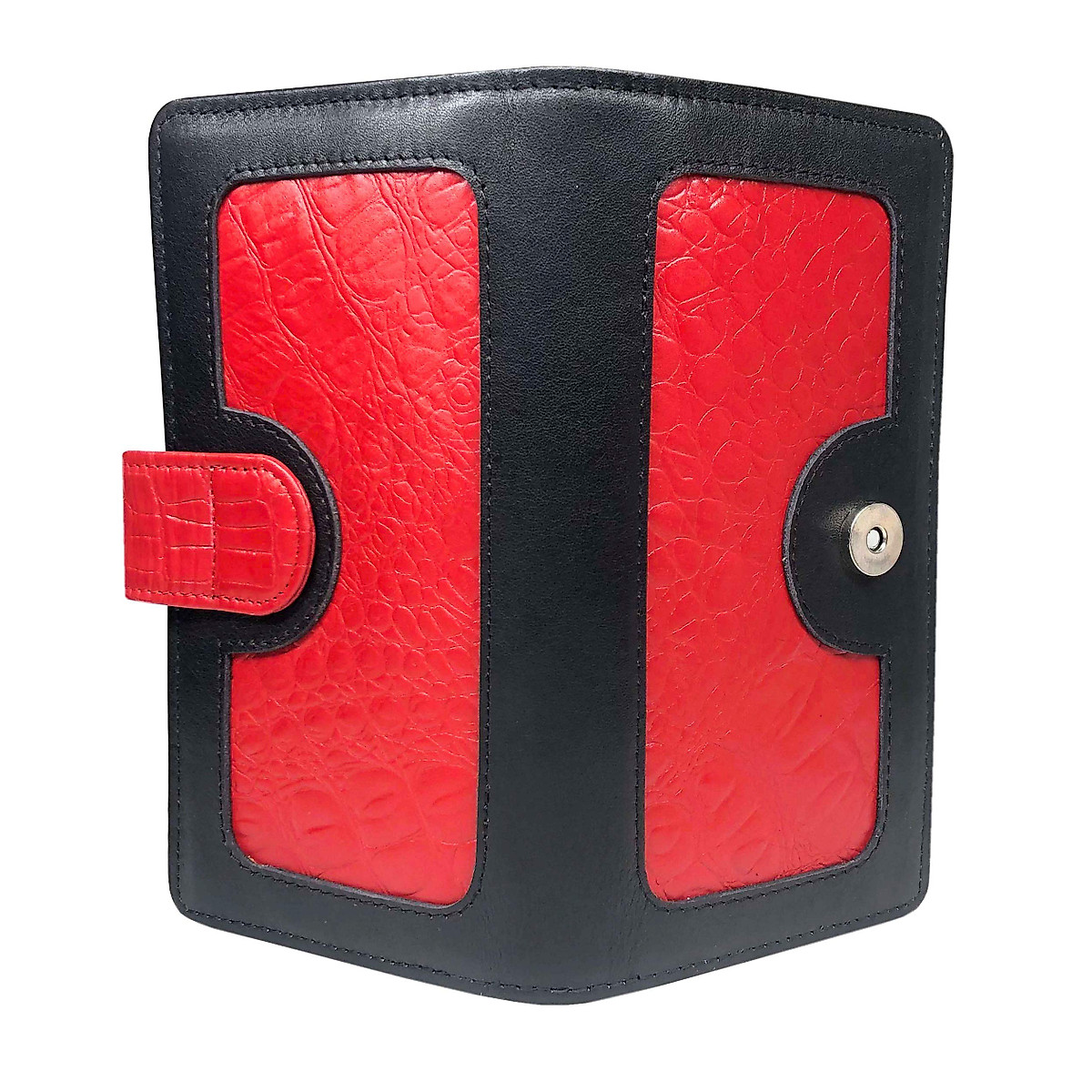 Leather Book LW-1804 Red Crocodile Ladies Wallet|10 card slots|1 card window|4 slide pockets|1 zip pocket | Black Cowhide & Red cowhide Crocodile Print Leather