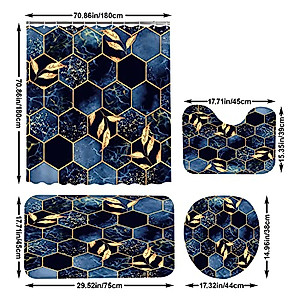 4Pcs Blue Marble Shower Curtain Sets, Leaves Grid Honeycomb Irregular Plaid Geometric Bathroom Decor, Rug Toilet Lid Cover and Non-Slip U Shape Mat, Waterproof Shower Curtain with 12 Hook, 72 x 72