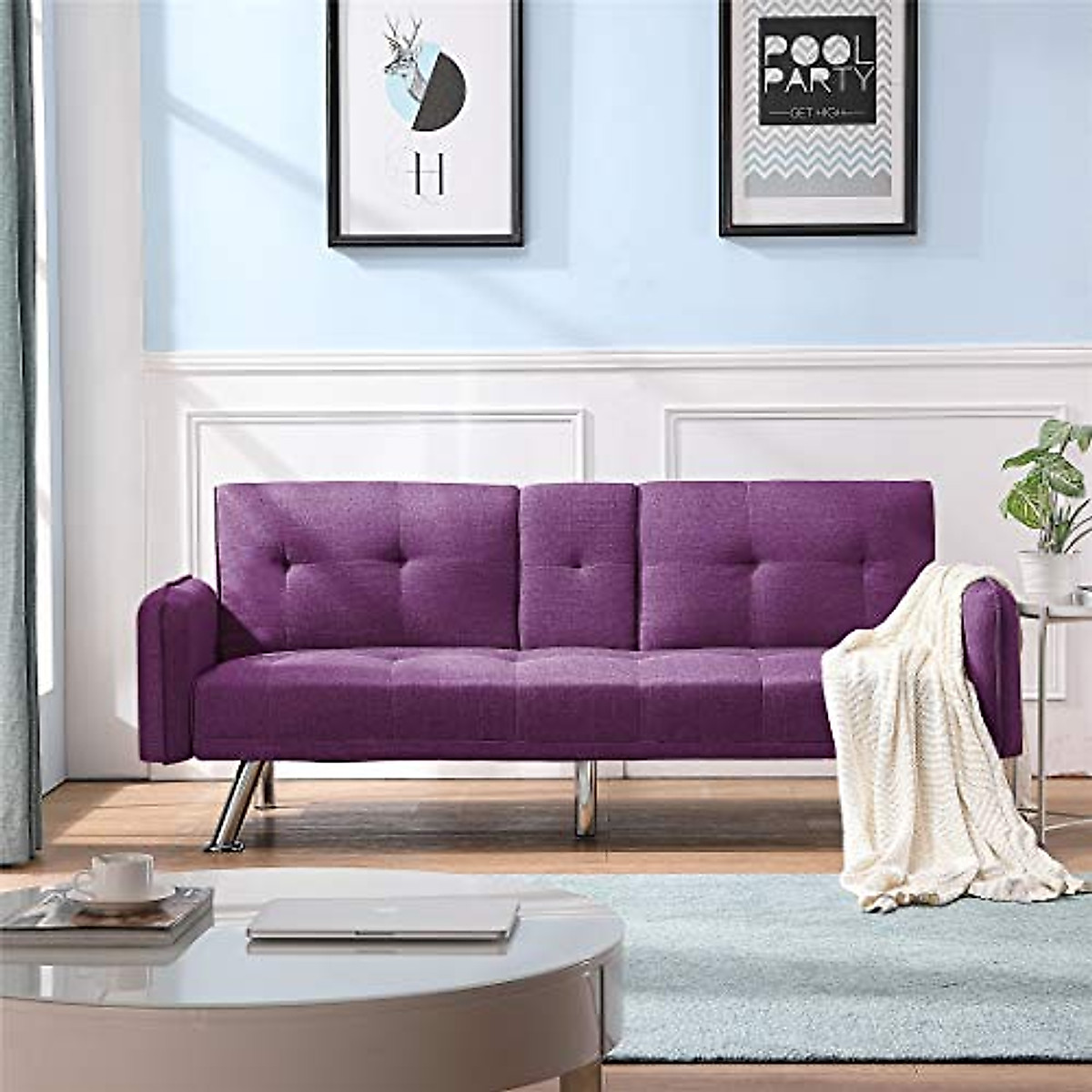 Good Sleeper Sofa Couch Convertible Twin Size Futon Sofa Bed for Small Rooms Office Gust Room, Metal Chrome Middle Legs (Fabric Purple)