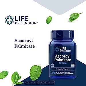 Life Extension Ascorbyl Palmitate 500mg – Fat-Soluble Vitamin C Supplement for Immune Support and Longevity – Water-Soluble Gluten-Free, Non-GMO, Vegetarian – 100 Capsules