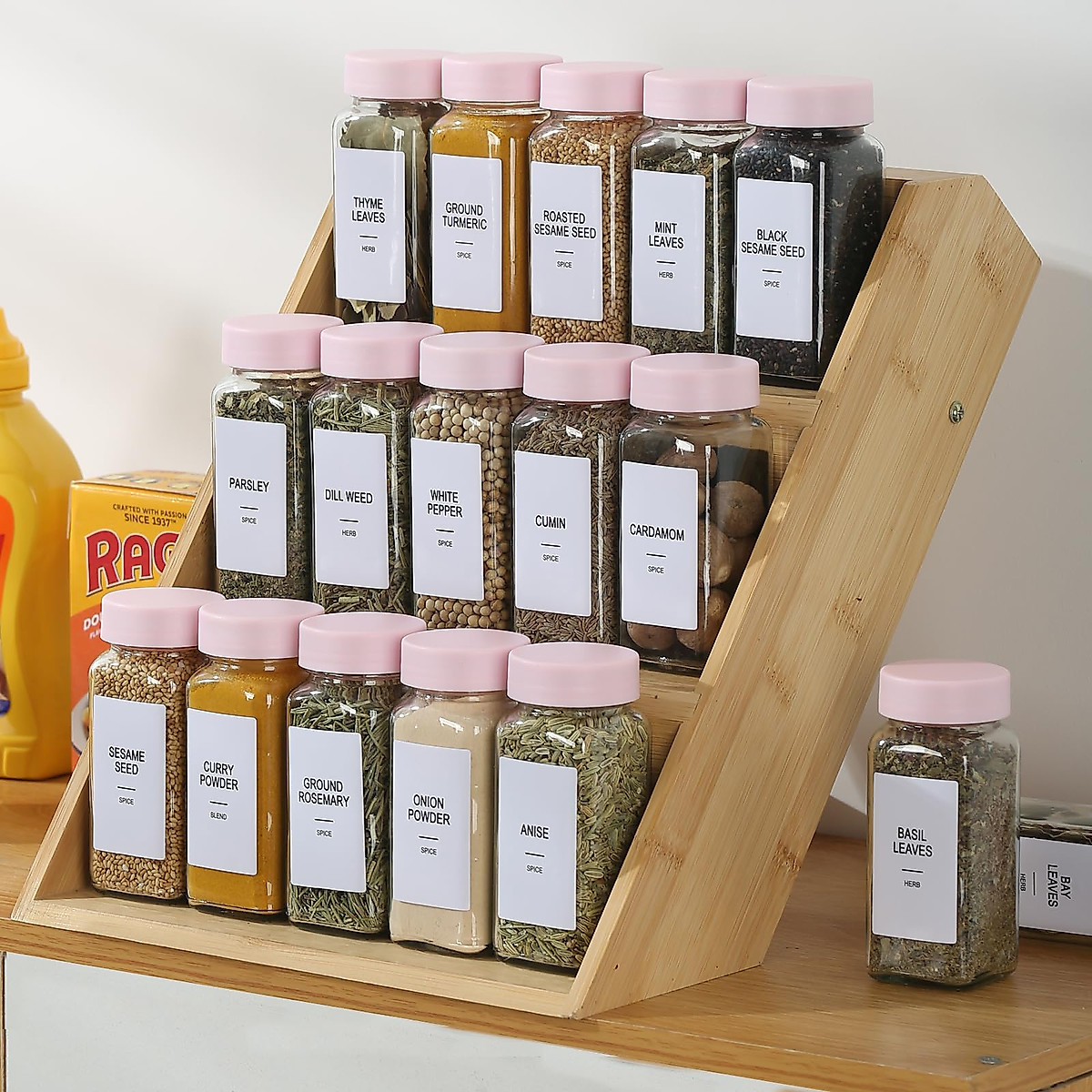 GMAMXD 24 Glass Spice Jars with Labels,Spice Jar Set,4oz Seasoning Containers,Spice Containers with Pink Airtight Lids and Shaker Lids,Square Empty Spice Bottles, 492 Labels,2 Marker Pens,1 Funnel