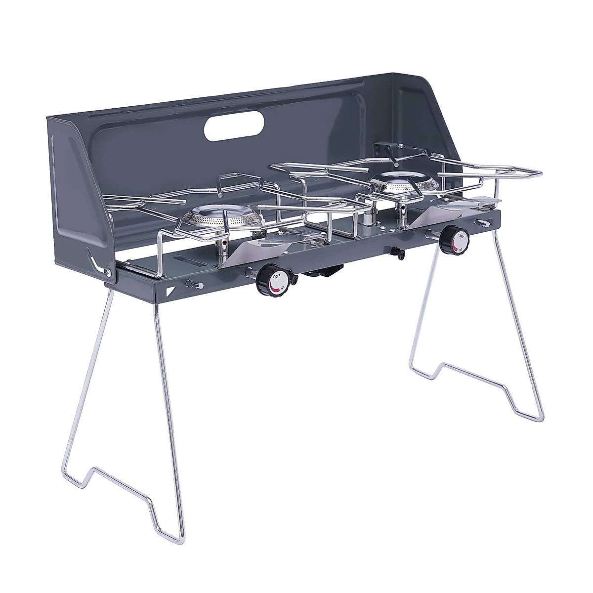 Stainless Steel Portable Butane Gas 9000w Dual Burner Gray Cooking Stove Camping Stoves with Foldable Legs Portable Bag and 3 Wind Panels for Party Picnic and Outdoor Cooking