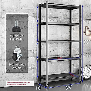 5 Tier Lightweight Storage Metal Shelves, Kitchen Storage Shelves Garage Shelving Unit, Large Capacity Storage Rack, Utility Shelf for Pantry Closet Office Laundry (32" Lx16“ Wx63” H)