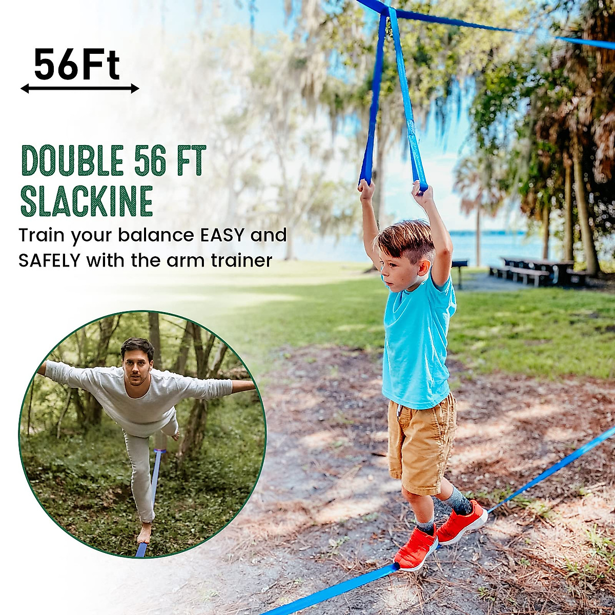 2×56ft Ninja Warrior Obstacle Course for Kids - 600 lbs Weight Capacity, Slackline Obstacle Course with 8 Ninja Accessories - Monkey Bar, Rope Ladder, Gymnastic Ring, Arm Trainer and Monkey Fist