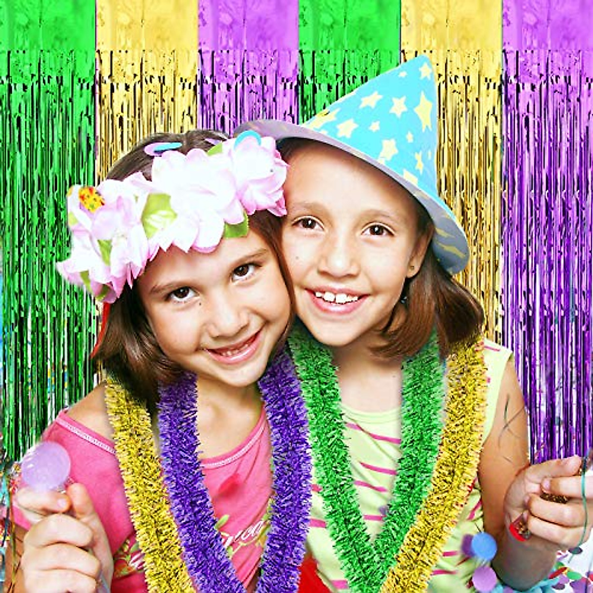 5 Pieces Mardi Gras Party Decoration Metallic Tinsel Foil Fringe Curtains Garland Photo Booth Props Table Skirt Background Backdrop Door Wall for Carnival Bunting Party Decoration Supplies