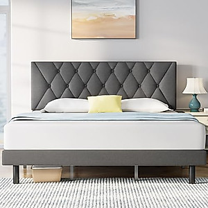 Molblly Full Size Bed Frame with Adjustable Headboard, Linen Fabric Wrap, Strong Frame and Wooden Slats Support, No Box Spring Needed, Non-Slip and Noiseless, Easy Assembly, Dark Grey