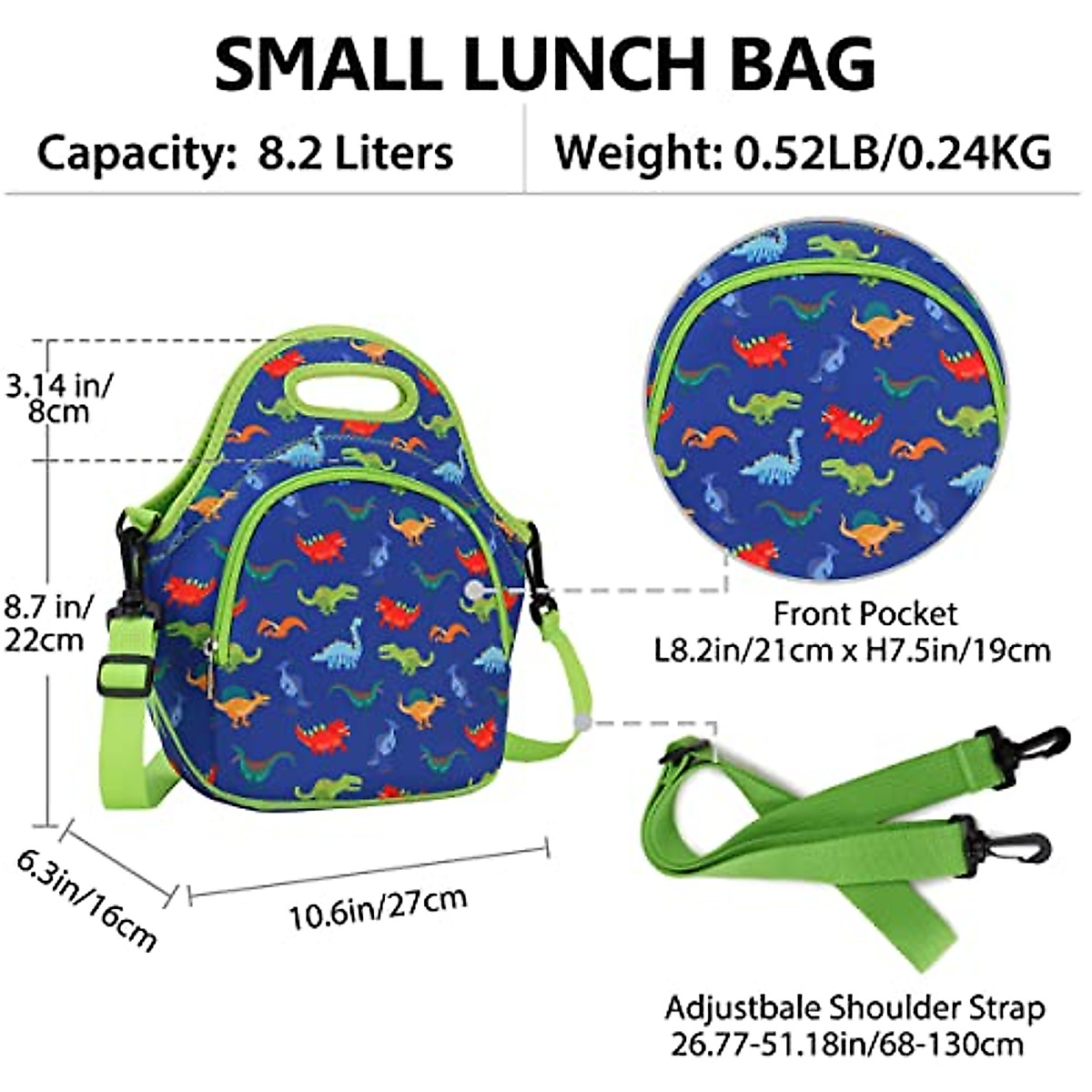 VX VONXURY Lunch Bag for Boys, Neoprene Small Lunch Box Bag for Kids Cute Insulated Thermal Lunch Tote with Removable Shoulder Strap, Dinosaur