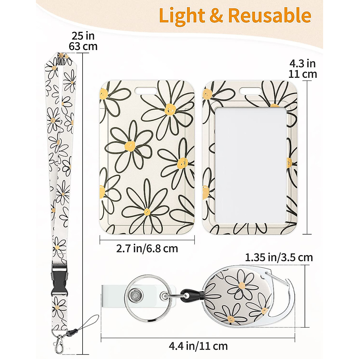 Uniclife Floral Sliding Badge Holder White Flower Plastic Case with Retractable Badge Reel Carabiner Clip and Detachable Lanyard Strap Hard Vertical Card Protector for Women Nurse Teacher Student