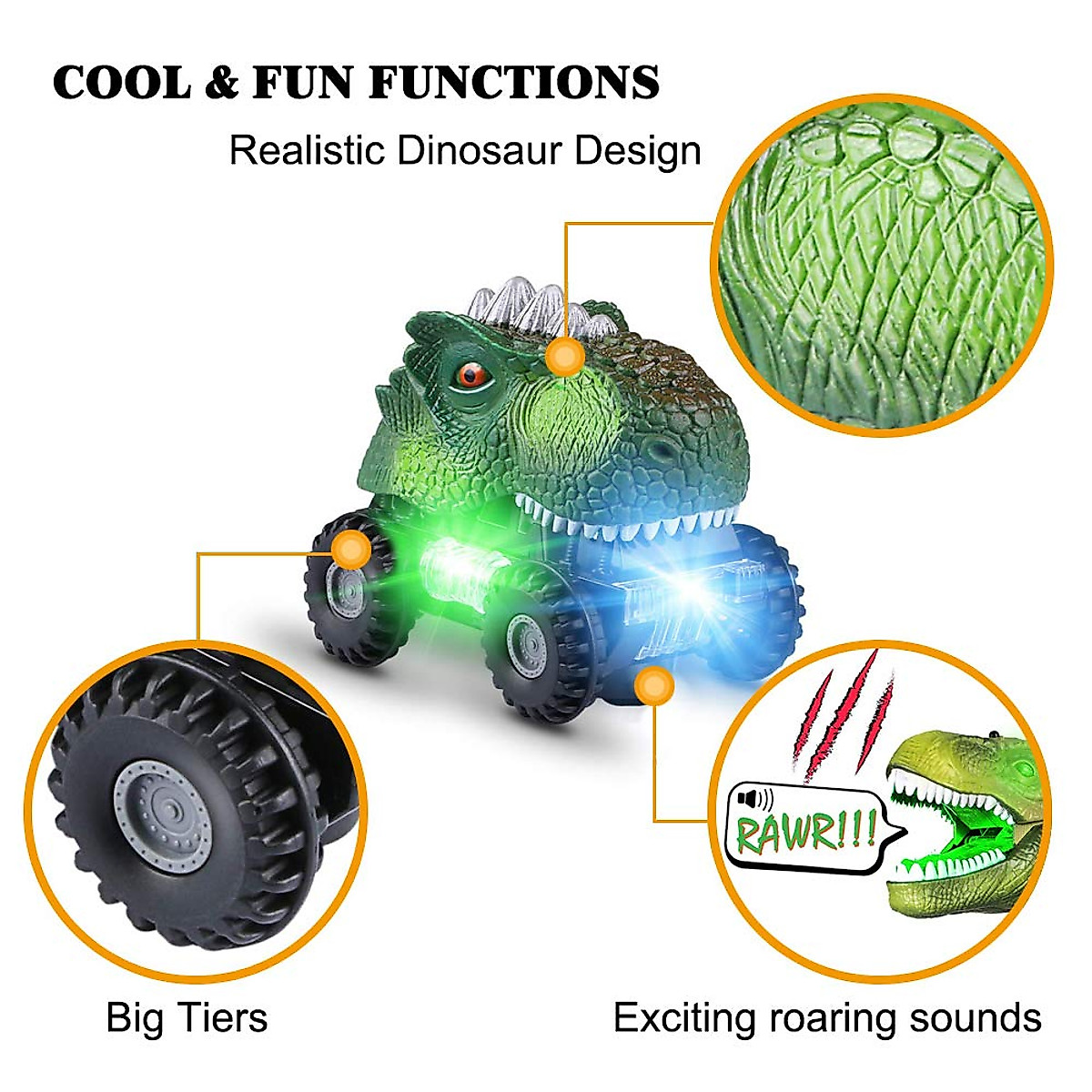 Whongkidz Dinosaur Toy Cars 2 Pack Set for Boys Girls Toddler Kids Toys Dino Car with LED Lights and Sounds Effect Automatic Dino Truck