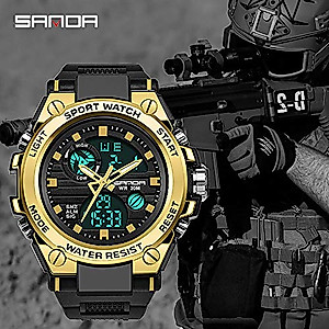 KXAITO Men's Watches Sports Outdoor Waterproof Military Watch Date Multi Function Tactics LED Alarm Stopwatch (26_Gold)