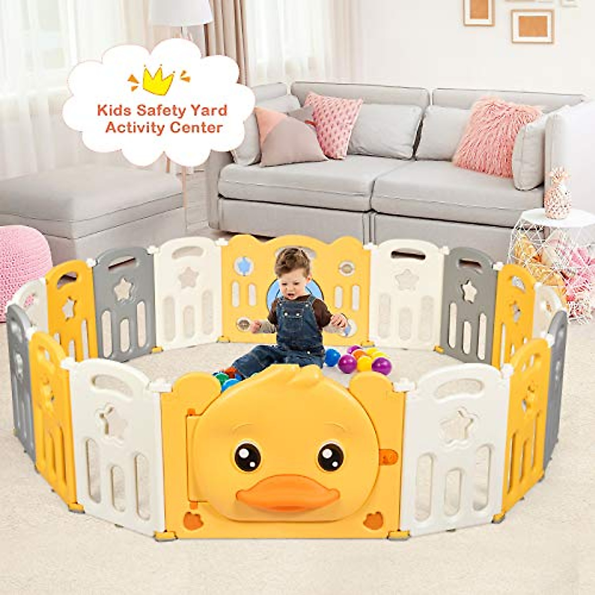HONEY JOY Baby Play Yard, 16 Panel Psyduck Foldable Baby Gate Playpen, Anti-Slip Rubber Base & Suction, Indoor Safety Baby Fence for The House, Extra Large Anti-Fall Play Pen for Toddler