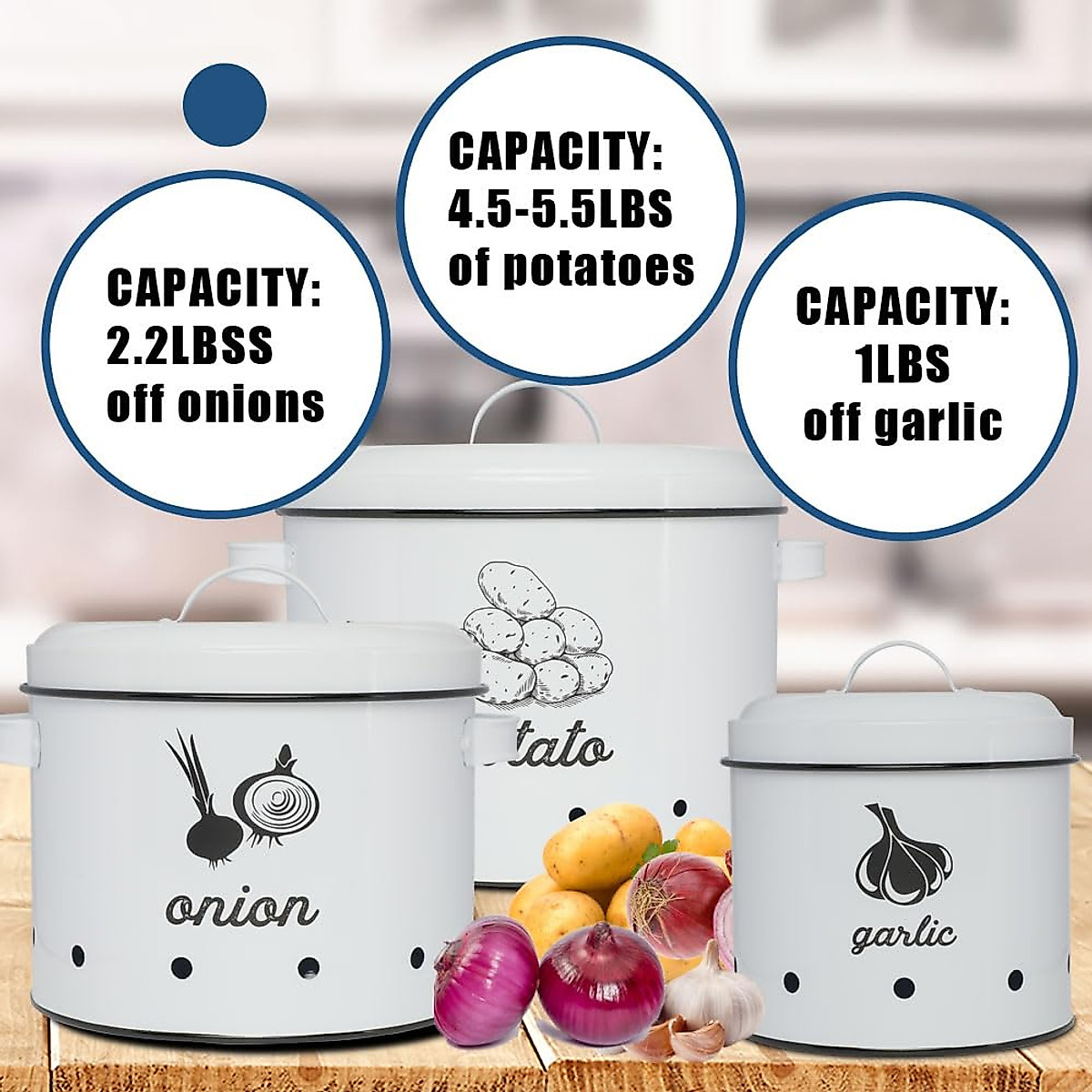 3-in-1 Large White Potato, Onion & Garlic Storage Canisters