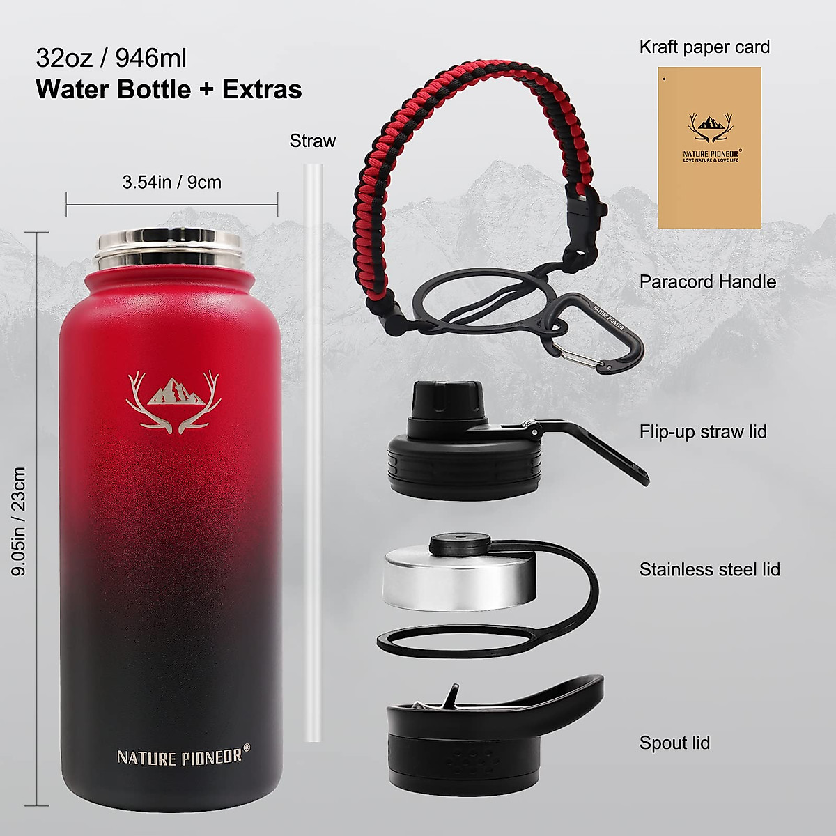 NATURE PIONEOR Insulated Water Bottles with Paracord Handle - 32 oz Vacuum Sports Wide Mouth Water Bottle with 3 Lids, Leak Proof Stainless Steel Keeps Hot and Cold