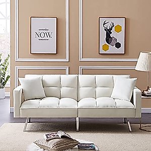 Velvet Convertible Futon Sofa Bed with Two Pillows, Modern Upholstered Sleeper Sofa Couch with 3 Adjustable Backrests and 6 Solid Metal Legs, Twin Size Loveseat Recliner for Living Room (Off White)