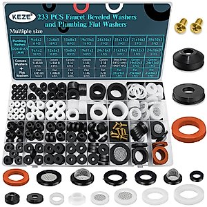 KEZE 233 Pcs Plumbing and Faucet Washers Assortment Kit for Assorted Spigot Water Hose Bib Outside Garden Faucet Splitter Gasket Leak Plumbes Valve Stem Worn Out Repair